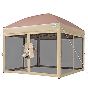 Quictent 6.6’x6.6’ Pop up Canopy Tent with Netting, Instant Setup Screen House Room Tent Screened- 4 Magnetic Doors, Waterproof (Khaki)