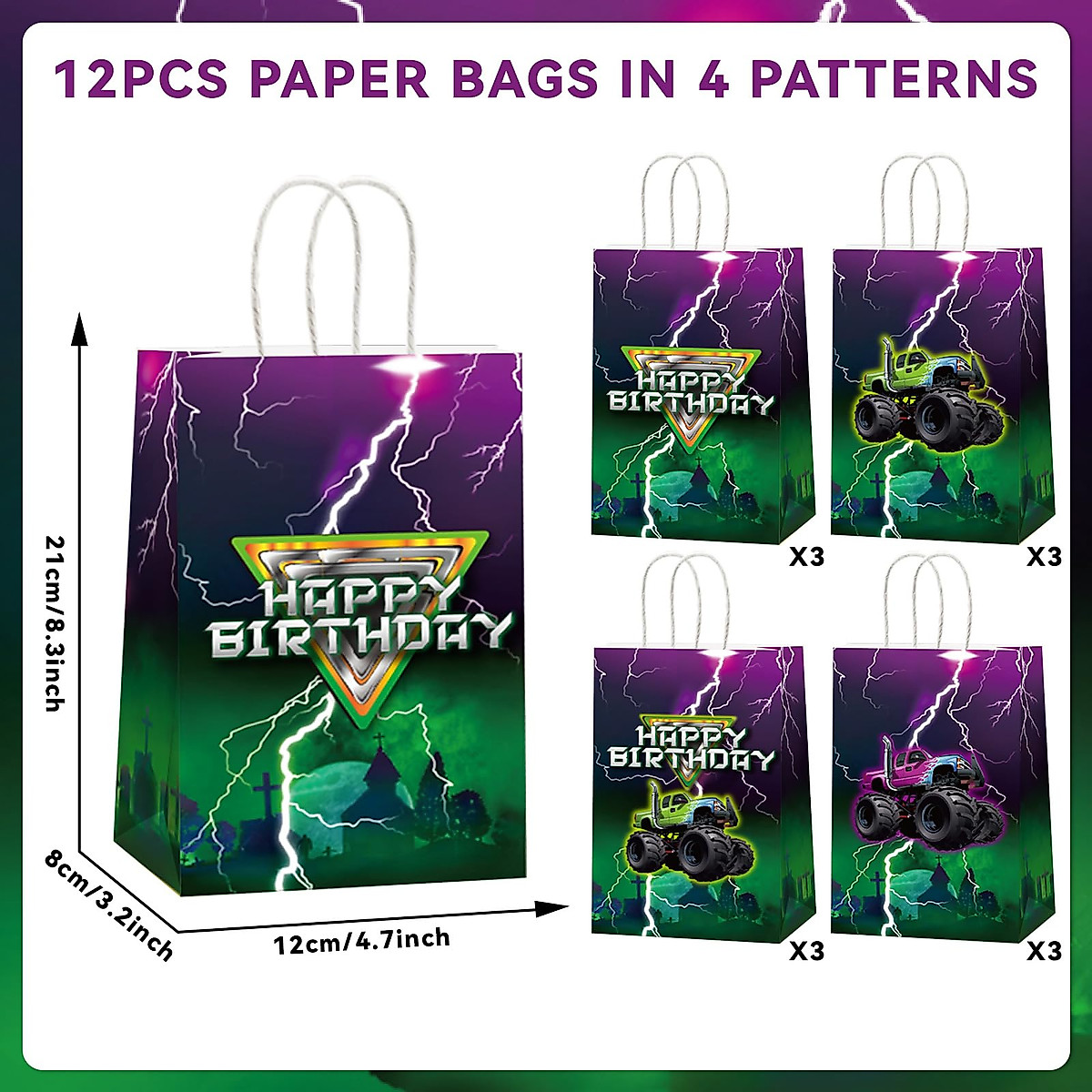 CHUNNIN 12Pcs Green Purple Monster Truck Party Paper Bags Monster Truck Birthday Gift Bags Supplies Racing Truck Theme Party Bags Monster Truck Party Candy Treat Bags for Kids Birthday Party Favor