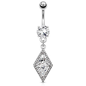Forbidden Body Jewelry Surgical Steel Fancy Dia-Cut Pave CZ Triangle Dangle Belly Ring (Clear)