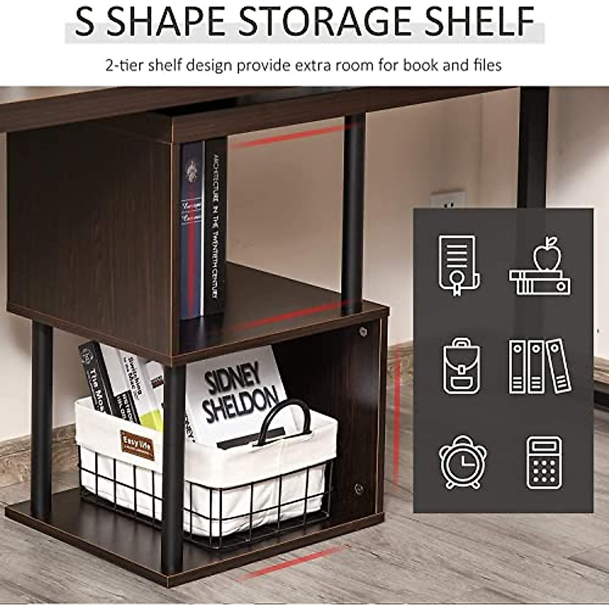 Royal Wood 55" 360° Rotating L-Shaped Home Office Computer Desk, Rotating Corner Desk with Storage Shelves, Left or Right Side Combo Table, Study Writing Desk Two Workstations,Espresso