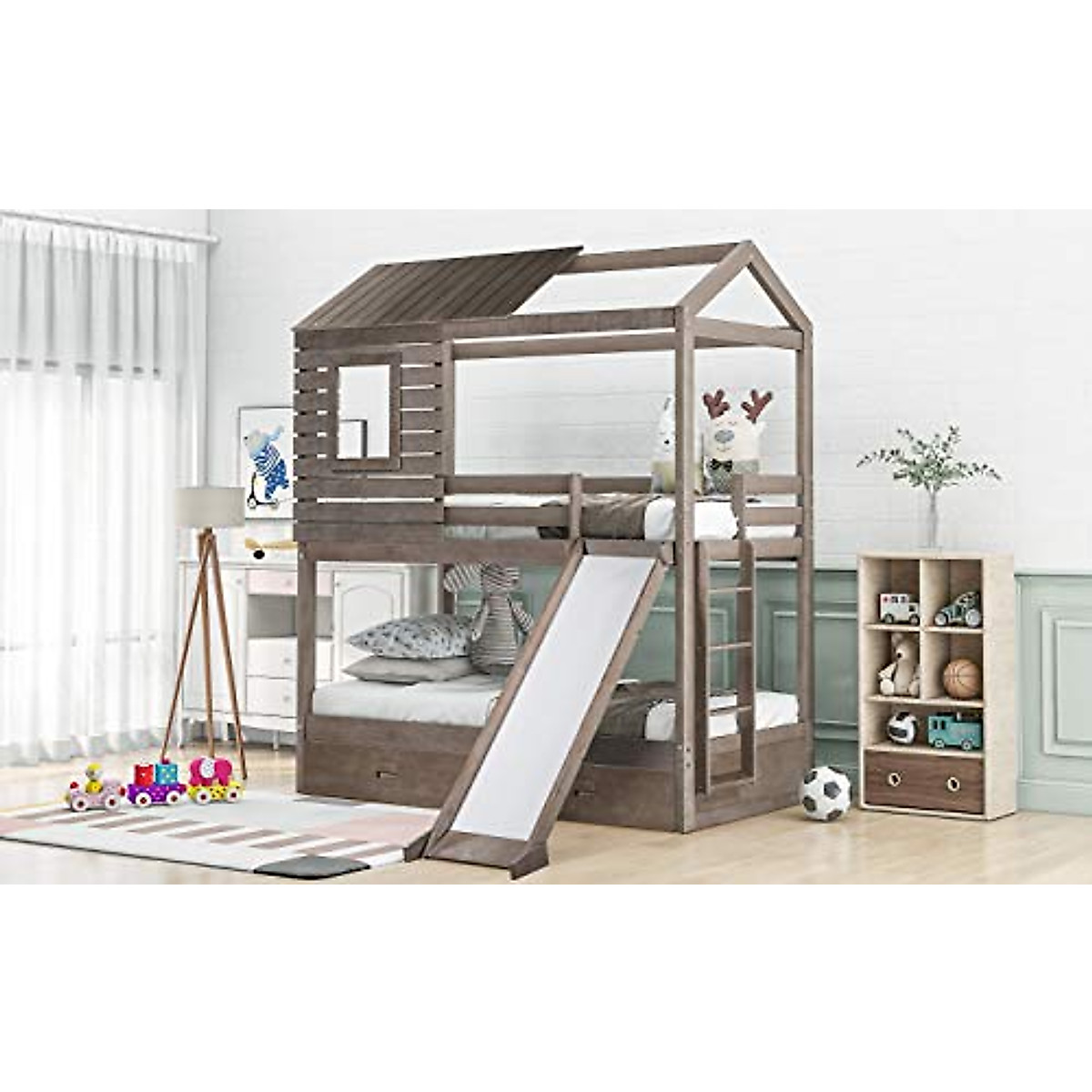 HYC Twin Over Twin Bunk Bed for Kids Toddlers, Wooden Bunk Bed with Slide and 2 Storage Drawers, House-Shaped Bunk Bed for Girls Boys,Gray