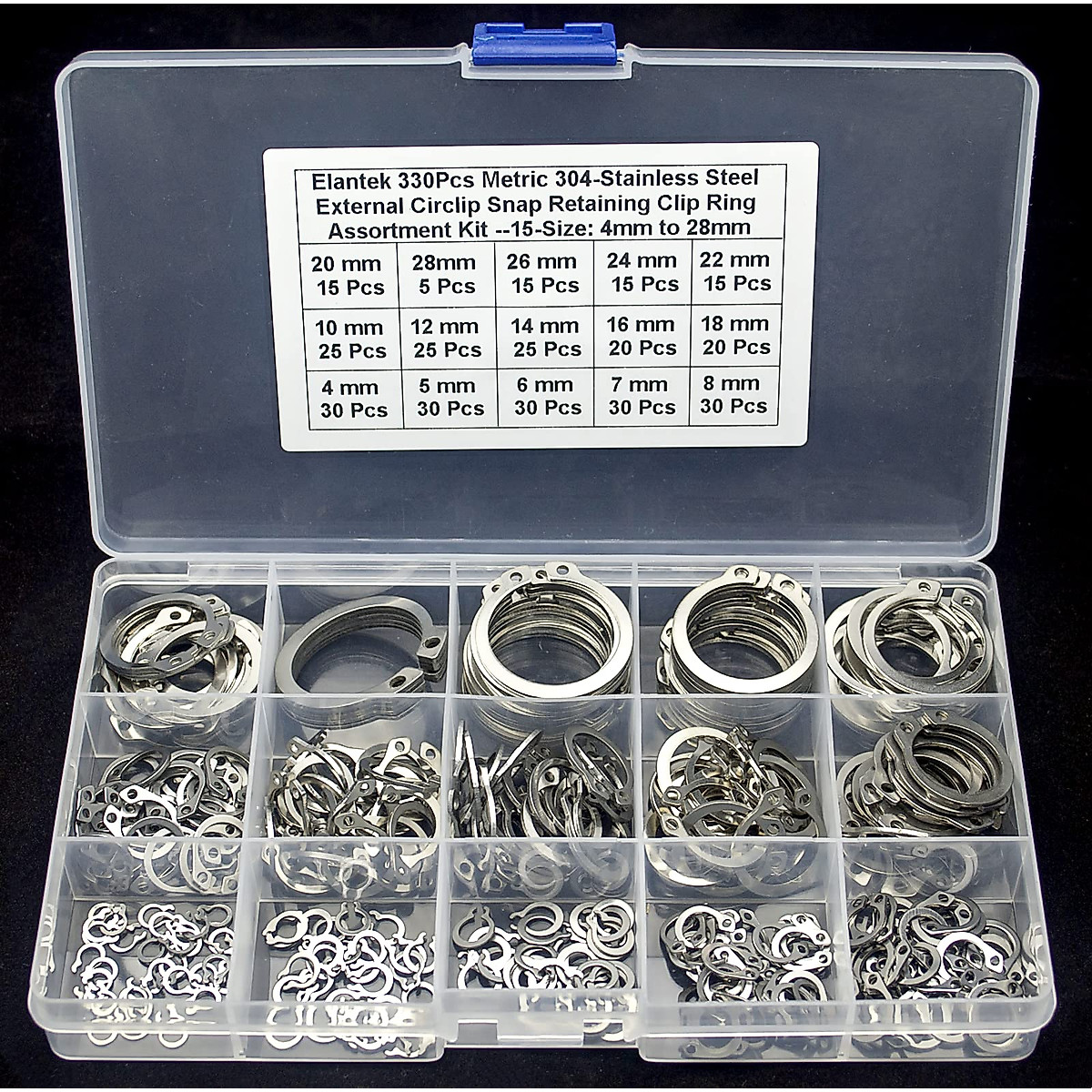 Elantek 330Pcs 15-Size Metric 304 Stainless Steel External Retaining C-Clips Rings/External Circlip Snap Retaining Clip Ring Assortment Kit - 4mm to 28mm