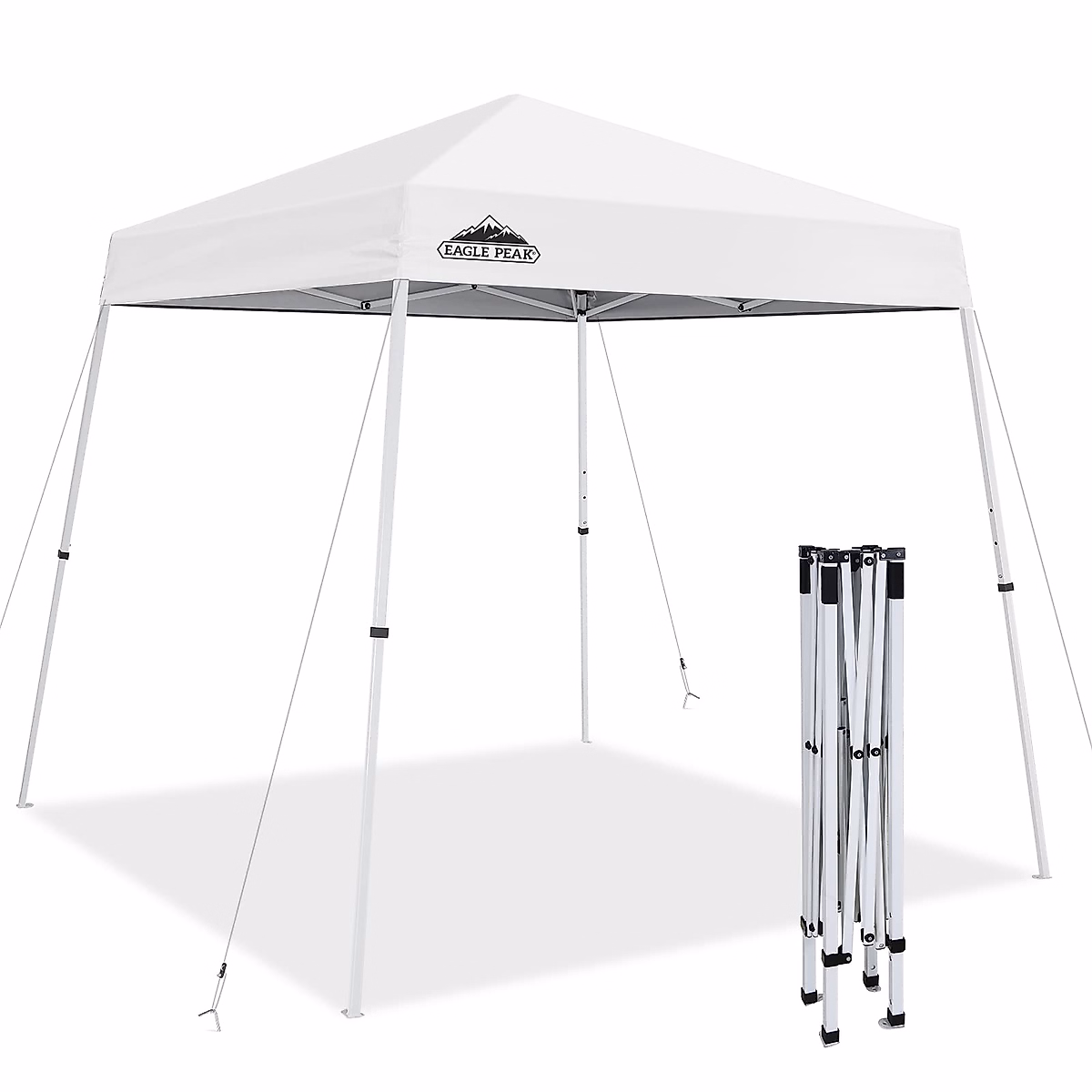 EAGLE PEAK 8x8 Slant Leg Pop-up Canopy Tent Easy One Person Setup Instant Outdoor Beach Canopy Folding Portable Sports Shelter 8x8 Base 6x6 Top (White)
