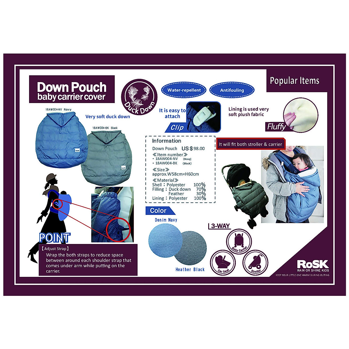 RoSK-Down Pouch 3way-Stroller,Carrier Cover and Car Seat Footmuff, Best for Freezing Winter Conditions (Denim)