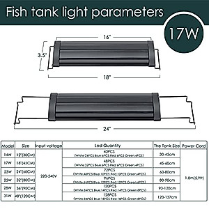 AQQA Aquarium Light,Full Spectrum LED Fish Tank Lights,12"-54" Adjustable Multi-Color White Blue Red Green LEDs with Extendable Brackets,14W-31W for Freshwater Plants 17W(18"-24")