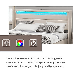 alazyhome Upholstered Queen Bed Frame with Headboard LED Lights Platform Bed Wooden Slats Support Non-Slip and Noise-Free Easy Assembly Linen Beige