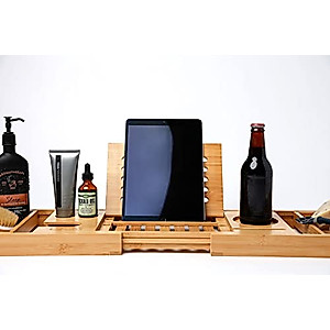 Bathtub Caddy Tray for Bath- Bamboo Adjustable Bathtub Caddy Tray- Free Body Brush- Suitable for Luxury Spa or Reading- Shower Tray - Bathroom Tray Organizer - Accessories for Bathroom