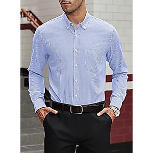 JMIERR Mens Slim Fit Casual Button Down Dress Shirts Pinpoint Stripe Long Sleeve Fall Shirt US 43(L),Blue