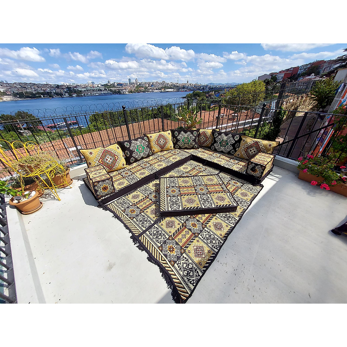 L Shaped Sectional Sofas, Floor Cushions, Black and Yellow Arabic Sofa Set, Pallet Sofa, Arabic Majlis, Pouffs, Garden Sofa Seating Sets (L Sofas + Rug + Ottoman)