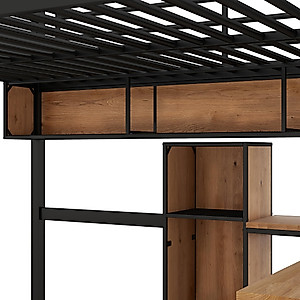 VilroCaz Full Size Metal Loft Bed with Wood L-Shaped Desk and Shelves, Multi -Functional Design Loft Bed Frame with 15.2'' Height Guardrails for Kids Teens Adults, Space-Saving
