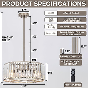 Luupyia Crystal Caged Brush Nickel Ceiling Fan with Light 18In, 6 Speed Reversible, 4Lights Crystal Fandelier Ceiling Fan with Light and Remote Silver Fandelier Low Profile 7 Bladeless E12