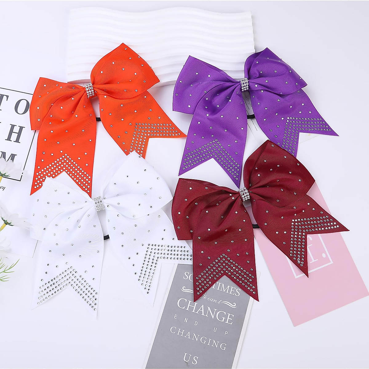 Large Cheer Hair bows with Rhinestones,Cheerleading Bow with Ponytail Holder Elastic Band for Cheerleaders Teen Girls College Sports (Red)