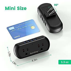 SUPERDANNY Mini Surge Protector with 2 Wide-Spaced Outlets & 4 USB Ports, Compact Size, Multi-Plug Outlet Extender for Travel, Home, Office, Black