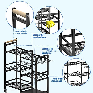 NADAMOO Large Garden Tool Organizer with Rolling Wheel, 3-Tier Metal Shelf Yard Tool Holder, Utility Stand Rack for Garage Organization and Storage, Hold Long-Handled Rakes, Shovel, Broom