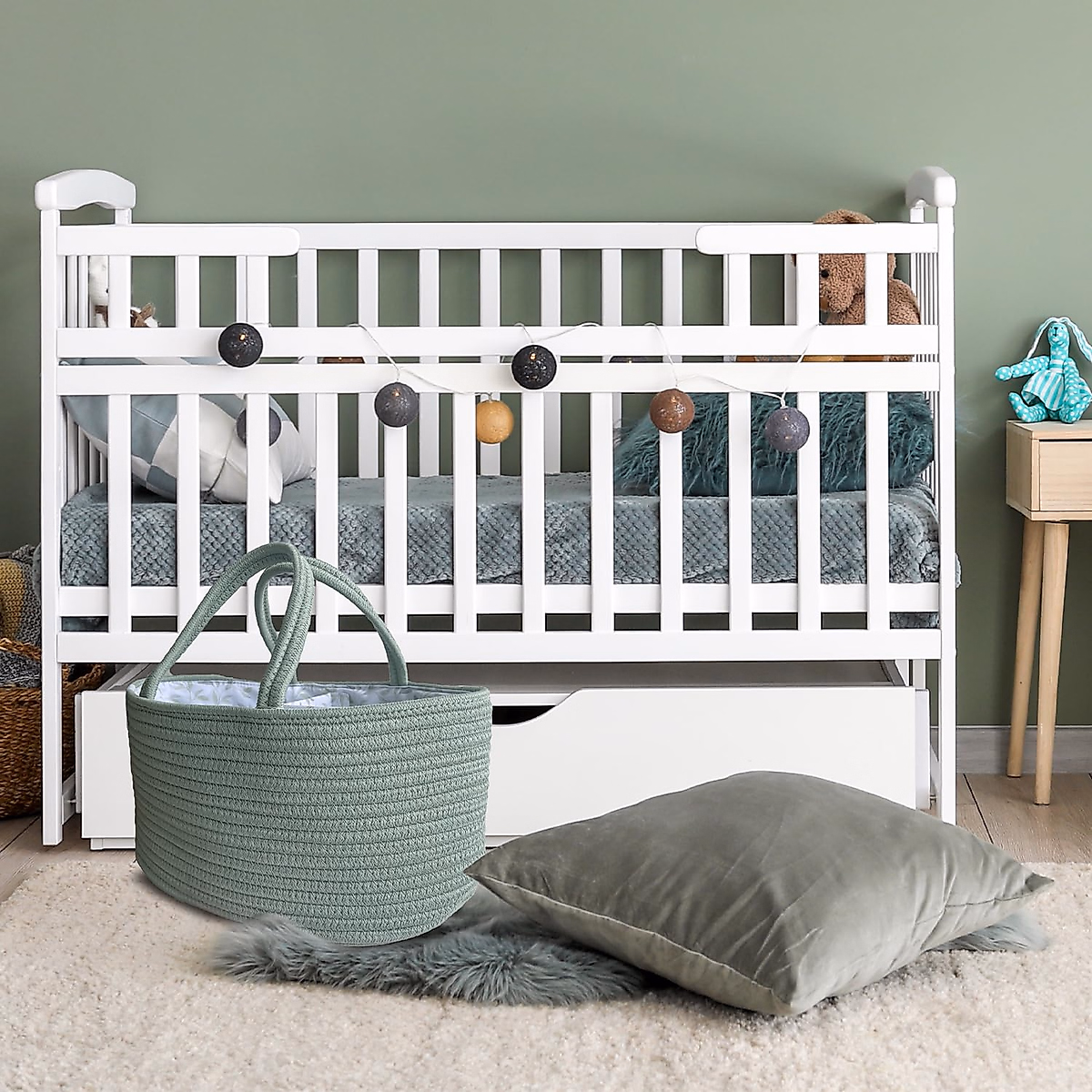 KiddyCare Diaper Caddy Organizer for Baby Nursery Basket with Handle Lid Nursing Caddy with Changing Table Organizer Cart Newborn Caddy Basil Large