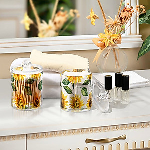 ALAZA 2 Pack Qtip Holder Dispenser for Cotton Ball Yellow Sunflower Cotton Swab Cotton Round Pads Clear Plastic Acrylic Jar Set Bathroom Canister