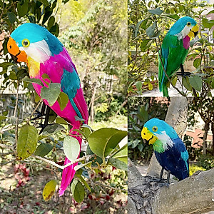 LWINGFLYER 1pcs 14.5" Pink Fake Parrots Artificial Birds Lifelike Feathered Birds for Home Garden Party Crafts Decoration