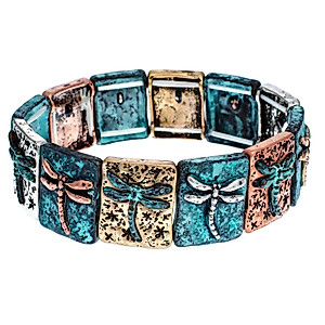 PammyJ Tri-Tone Dragonfly Stretch Bracelet with Patina Finish