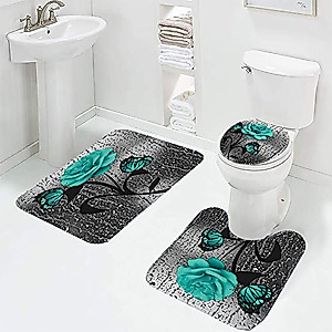 Bathroom Rugs and Mats Sets, Teal Rose Bath Mat, 3 Piece Floral Bath Rug Set, Ultra Soft Absorbent Shaggy Non-Slip Grey Bathroom Mats Bathroom Rug U Shape Toilet Mat Contour Bath Rug for Bathroom