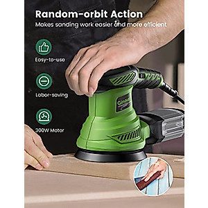 Orbital Sander, Ginour 300W Powerful Random Orbital Sanders, 6 Variable Speed 6000-13000RPM Electric Palm Sander with Transparent Dust Box, 15PCS Sandpaper, Sponge, Wool Disc, Sanders for Woodworking