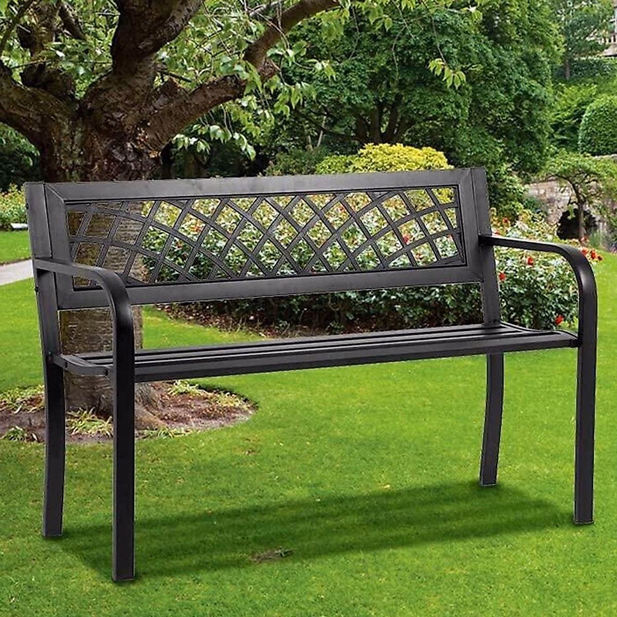 Garden Bench Patio Metal Bench Outdoor Park Benches Sturdy Steel Frame Cast Iron Front Porch Yard Furniture with Mesh Pattern and Armrests Seating for Yard, Porch, Deck, Entryway or Backyard, Black