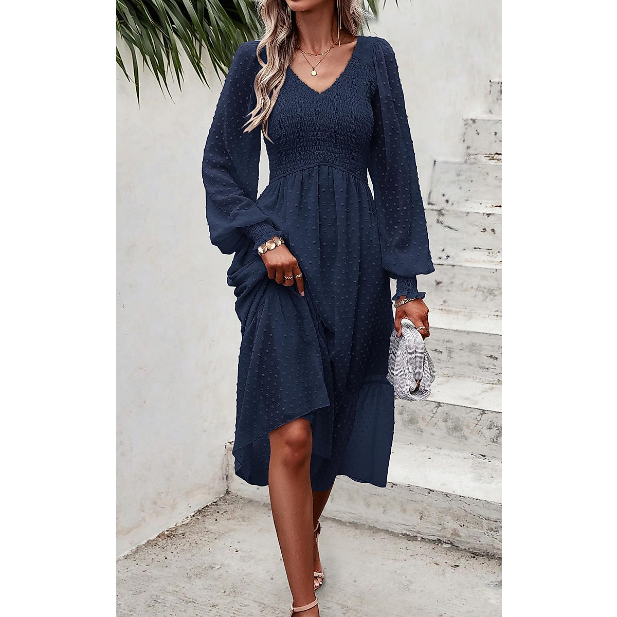 PRETTYGARDEN Women's Fall Dresses 2024 Long Sleeve V Neck Swiss Dot Smocked Ruffle Midi Dress Boho Chiffon Flowy Long Dress (Navy,Large)