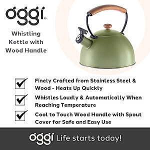 OGGI Tea Kettle for Stove Top - 85oz / 2.5lt, Stainless Steel Kettle with Loud Whistle & Stay-Cool Wood Handle, Ideal Hot Water Kettle and Water Boiler - Green