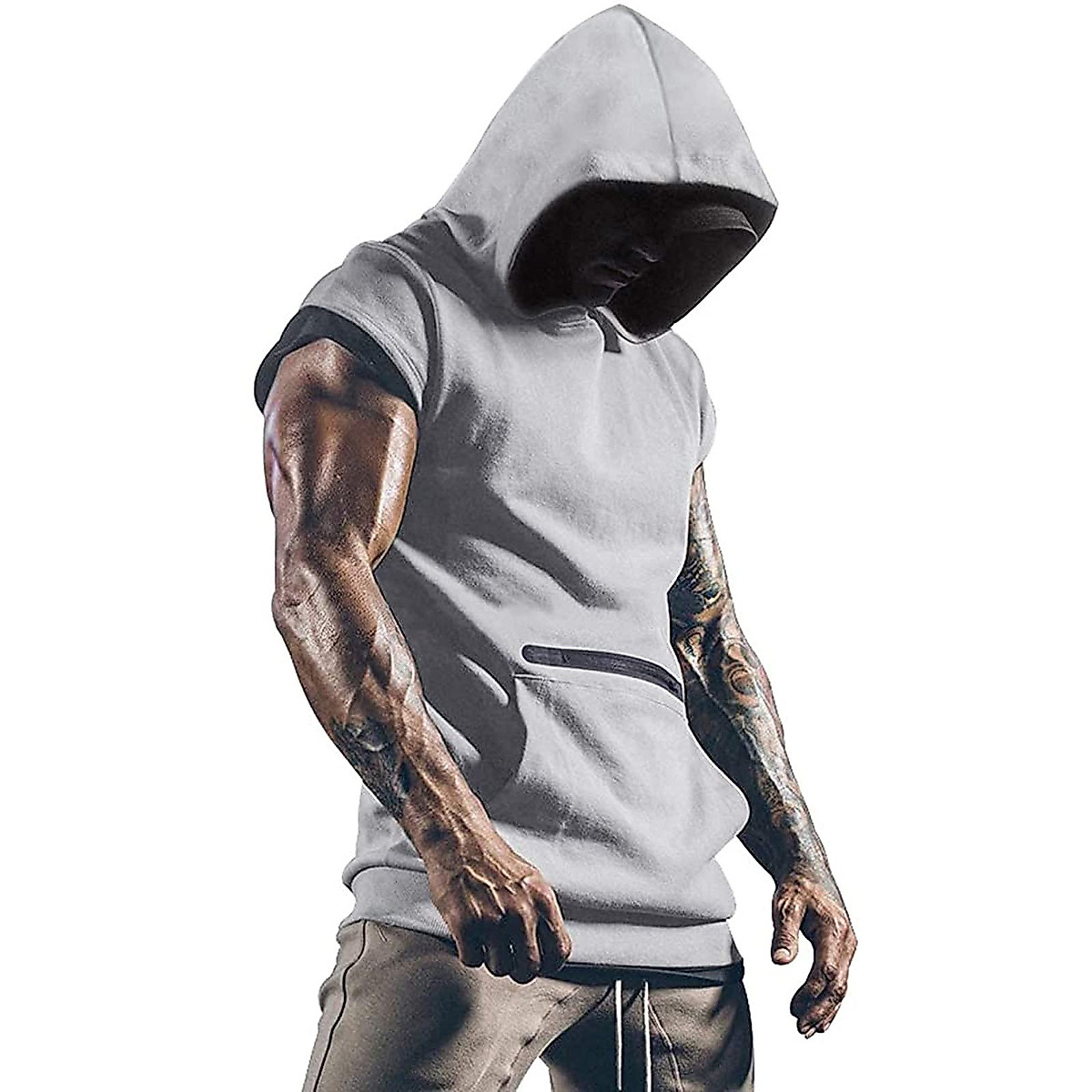 Muxing Tank Tops Men,Men's Pocket Zipper Workout Tank Tops Hooded Bodybuilding Fitness Muscle T Shirt Sleeveless Gym