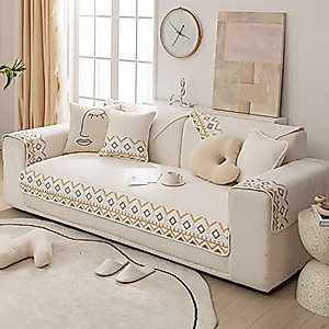 vctops Boho Geometric Embroidery Sofa Couch Cover Cotton Love Heart Quilted Sectional Couch Covers Non-Slip Washable Sofa Slipcover for Dogs, Children, Pets Furniture Protector (Cream,36"x63")