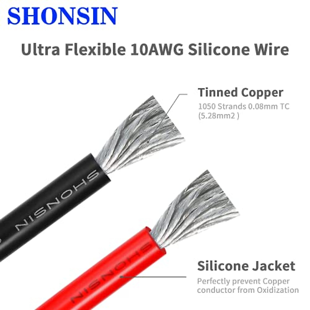 Shonsin 10 Gauge Silicone Wire Spool 50FT Red, Extremely Flexible 10 AWG Automotive Wire, 1050 * 0.08mm Tinned Stranded Copper (5.3mm2) High Temp 392℉/200℃ Rating 46 Amp 600V