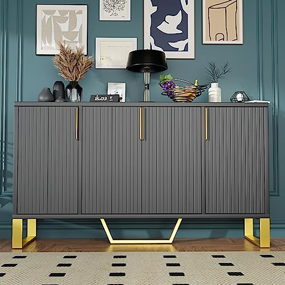 Zevemomo Buffet Sideboard Storage Cabinet for Living Room Coffee Bar Console Table with Adjustable Shelf, 4 Doors, Black