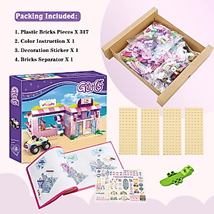 BRICK STORY Girls Friends Ice Cream Shop Building Set Pink Beach Ice Cream Dessert Store Building Blocks Toys with Beach Buggy Friends Beach Vacation Playset for Kids 6-12, 317 Pieces