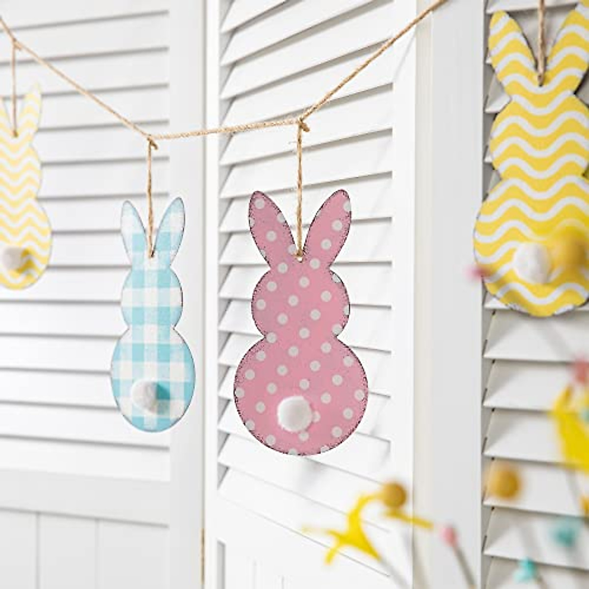 glitzhome 72''L Easter Metal Bunny Garland, Easter Wall Hanging Decor Jute Banner for Indoor Outdoor Mantle Door Festive Party Home School Decorations