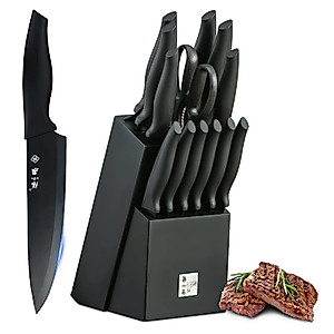 ZHANG XIAO QUAN Kitchen Knife Sets with Block, 14 Pieces High Carbon Stainless Steel Chef Knife Set, Steak Knives Set of 6, Full Tang Handle, Dishwasher Safe, Matte Black