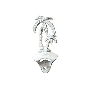 Handcrafted Nautical Decor Rustic Whitewashed Cast Iron Wall Mounted Palmtree Bottle Opener 6" - Antique B