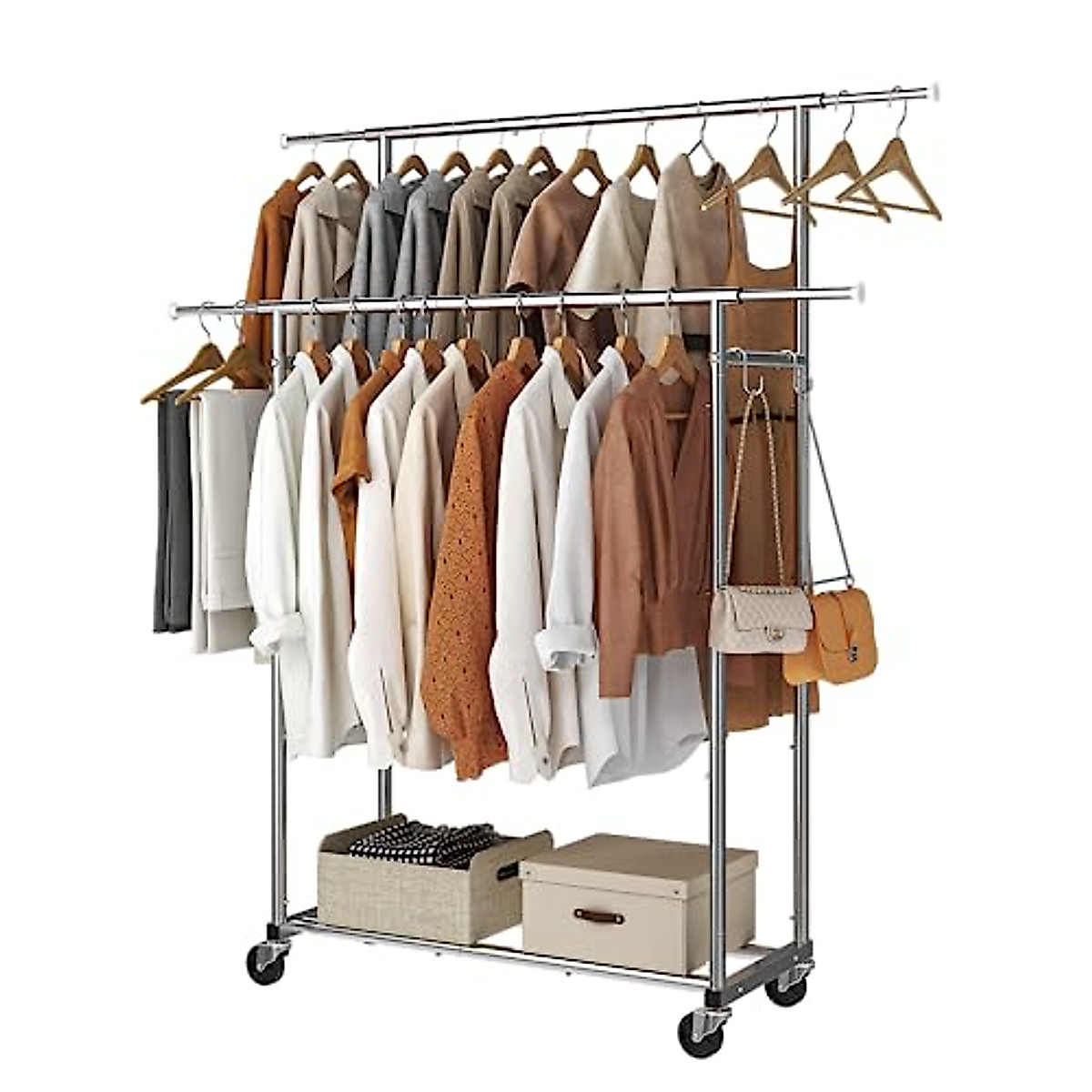 Simple Trending Double Rod Clothing Garment Rack, Rolling Clothes Organizer on Wheels for Hanging Clothes,with 4 hooks, Chrome