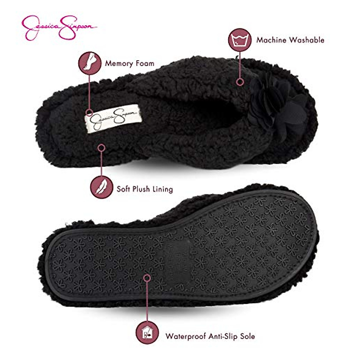 Jessica Simpson womens Fluffy Plush Slide-on Sandal House With Memory Foam Slipper, Black Rosette, Medium US