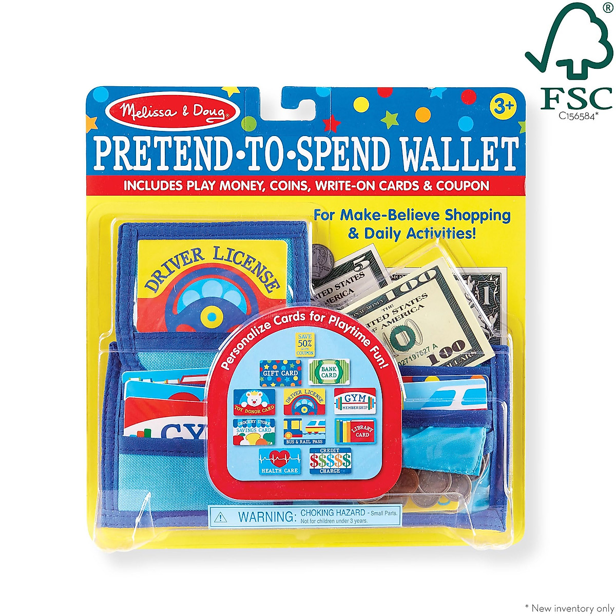 Melissa & Doug Pretend-to-Spend Toy Wallet With Play Money and Cards (45 pcs), Blue - FSC Certified