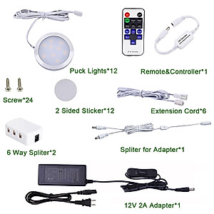 AIBOO Under Cabinet Lighting Kit, Plug in LED Puck Lights with Wireless Dimmable RF Remote Control,12v Stick on Lights for Kitchen Counter, Closet and Shelves(12 kit,Warm White)