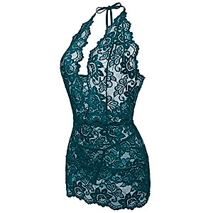 Gladiolus Womens Lingerie Lace Babydoll Sexy Deep V Halter One Piece Lingerie Dress Blue M