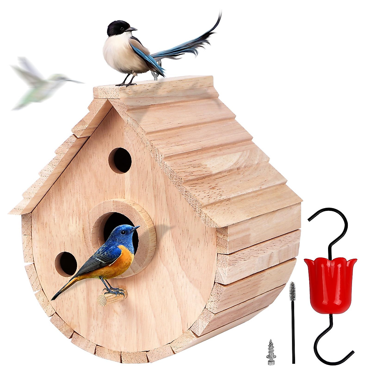 Wooden Bird House for Outside，3Holes Bird House for Bluebird Cardinals Wren Swallow, Hangding Birdhouse in Garder/Balcony/Courtyard (Wood Color)