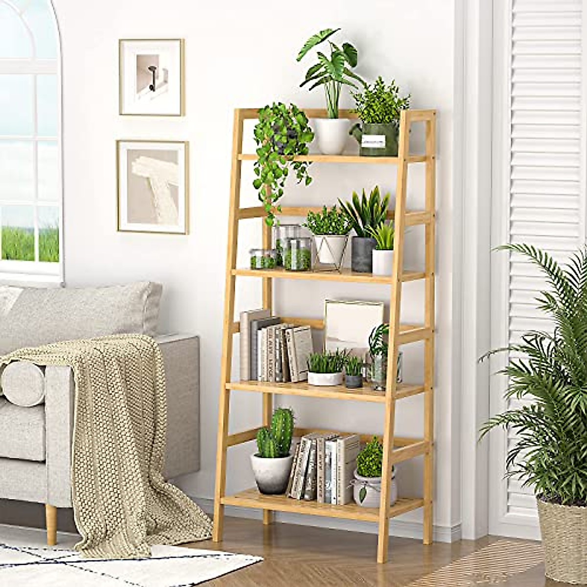 Homykic Bamboo Over The Toilet Storage Shelf and 4-Tier Ladder Bookshelf Bundle, Natural