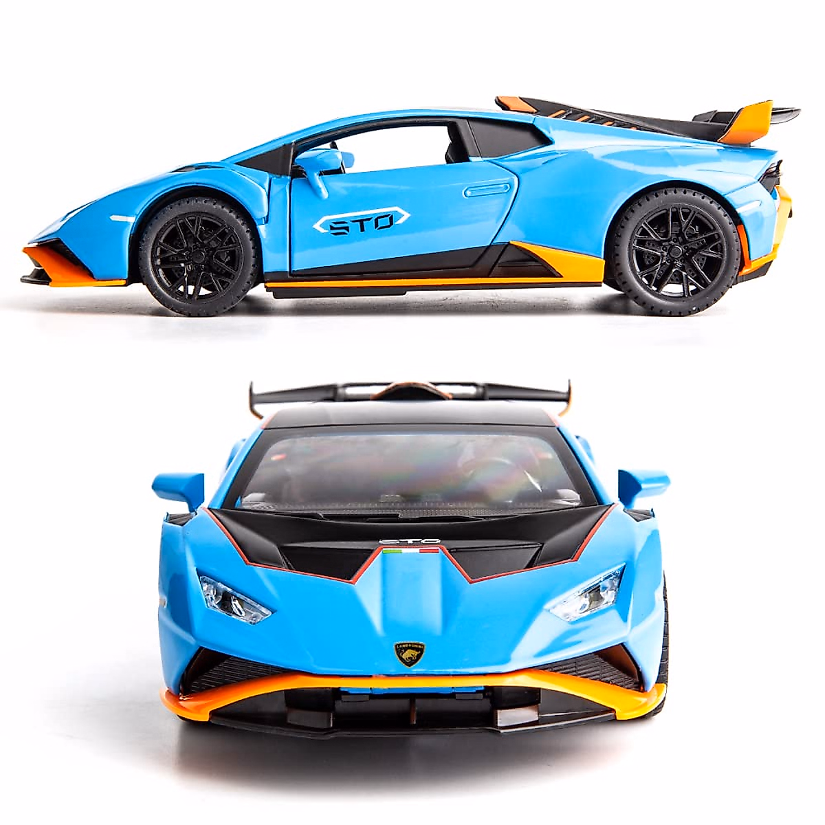 WAKAKAC Model Car 1/24 Scale Compatible for Lambo Huracan STO Die-cast Toy Vehicle Pull Back with Light and Sound Toy Car Door Can be Open (Blue)
