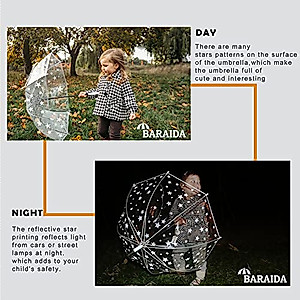 Baraida Kids Clear and Transparent Umbrella with an Easy Grip Handle, Dome Bubble Umbrella, Windproof for Kids Boys and Girls, Little Stars