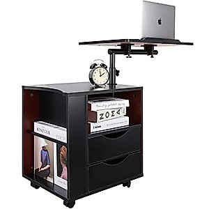 DANSION Bedside Table Workstation, Adjustable Swivel Tilt Wooden Nightstand Laptop Desk with Drawers and Magazine Holder, Laptop Cart with Wheels, Black