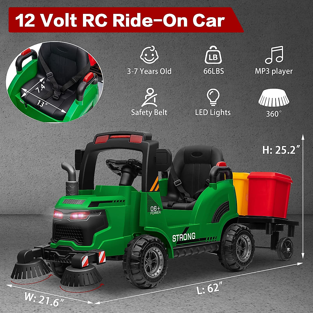 MOLACHI Ride On Street Sweeper Truck,12V Ride on Car w/Remote Control,Electric 360 Degree Rotating Sweeping Brooms，Music,LED Light,Ideal Gift for Kids 3-7 Years Old,Green