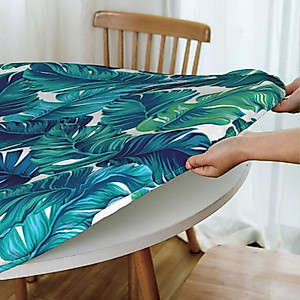 KUOAICY Tropical Palm Leaves Round Tablecloth Elastic Fitted Table Cover Washable Reusable Elastic Edge Tablecloths for Kitchen Dining Party Fitted Table 45-50 inch