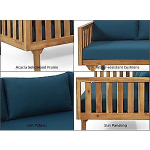 Merax Outdoor 3 Seater Daybed, Acacia Wood Day Bed Couch Sofa with Cushions for Patio Backyard, Garden, Blue