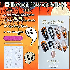 Halloween Fake Nails- 24Pcs Halloween Press on Nails Long Coffin False Nails Square Glue on Nails Gothic Ghost Spider Web Full Cover Halloween False Nails for Women Girls Acrylic Nails Decoration