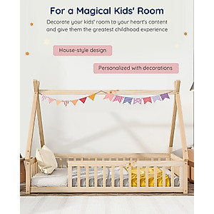 Tatub Twin Montessori Floor Bed Frame with Railings and Roof, Montessori House Bed for Kids, Wood Tent Floor Bed, Montessori Teepee Bed for Girls and Boys, Nature